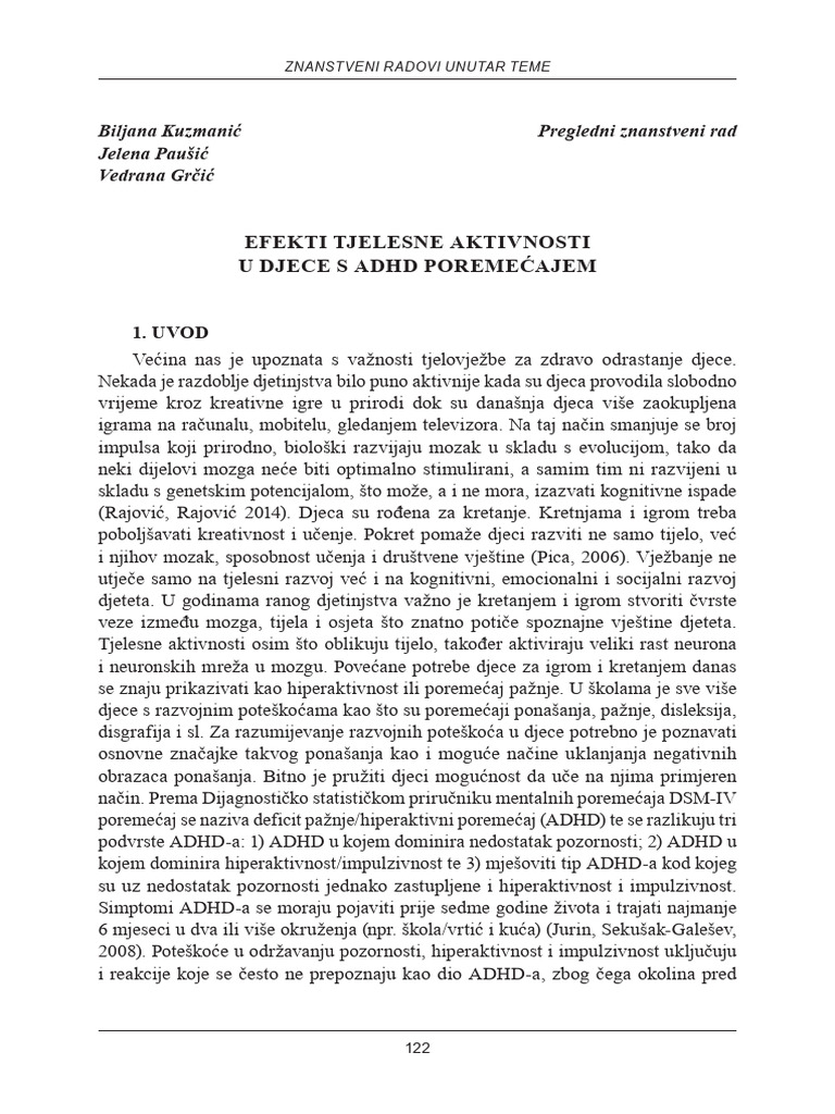 EFEKTI TJELESNE AKTIVNOSTI Kod Djece Sa Ahds Poremećajem | PDF