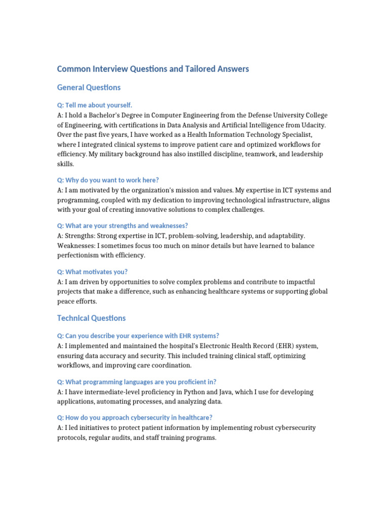 Tailored Interview Questions Answers | PDF | Electronic Health Record ...