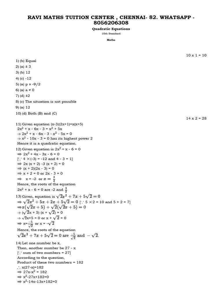Quadratic Equations for 10th Grade Maths | PDF | Quadratic Equation ...