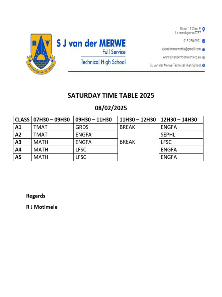 Saturday Time Table 2025-02-08-1 | PDF