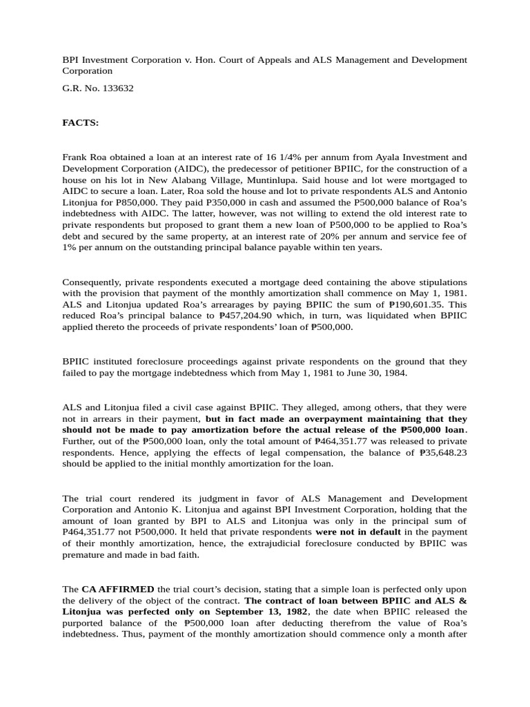 BPI Investment Corporation v. Hon. CA & ALS Management & Development Corp. | PDF | Loans | Debt
