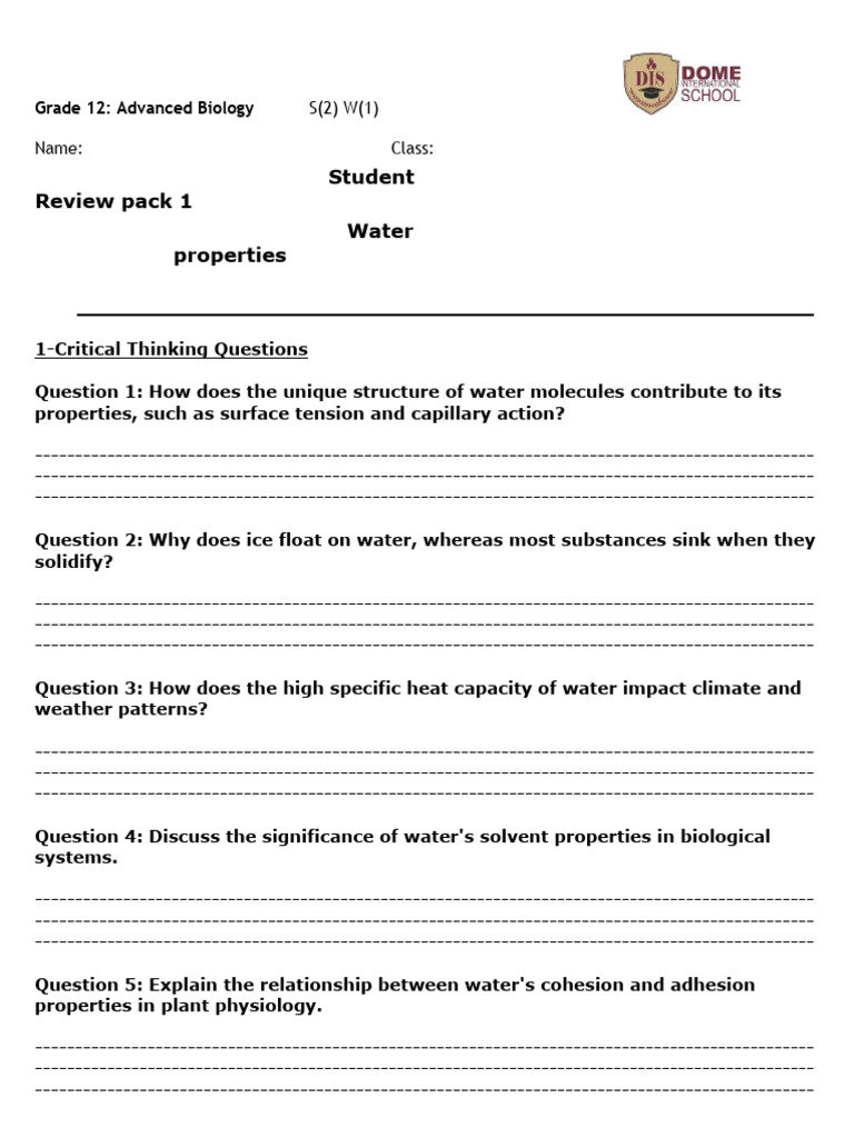 Water Properties Review Pack 1 | PDF