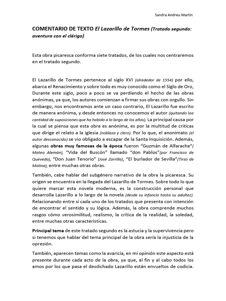 Comentario de Texto El Lazarillo de Tormes | PDF