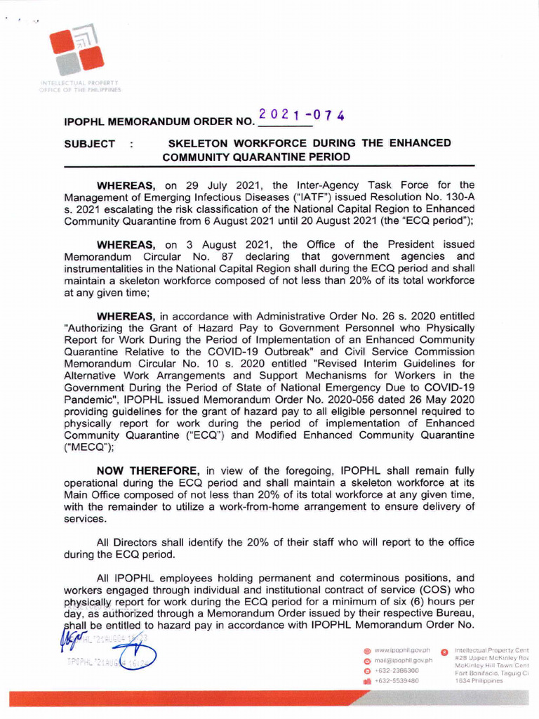 Ipophl Memorandum Order No. 2021 - 074 - Skeleton Workforce During The ...