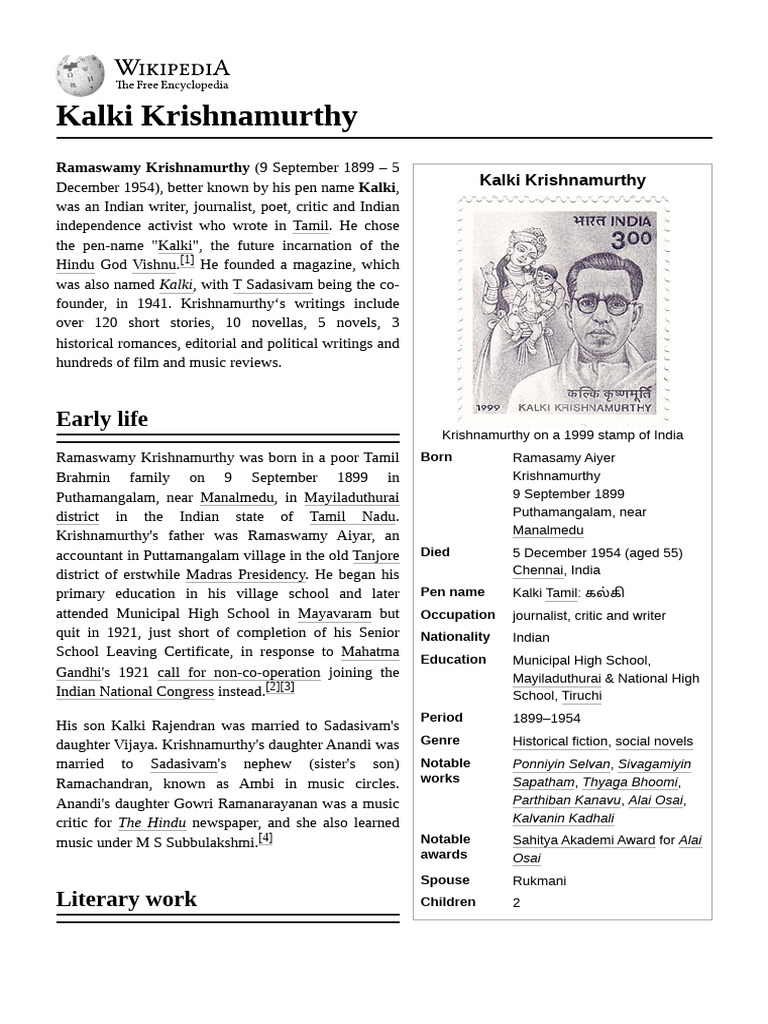 Kalki_Krishnamurthy | PDF | Kalki Krishnamurthy | Tamils