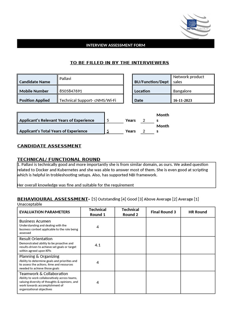 Interview Assessment Sheet - Pallavi | PDF | Learning | Cognition