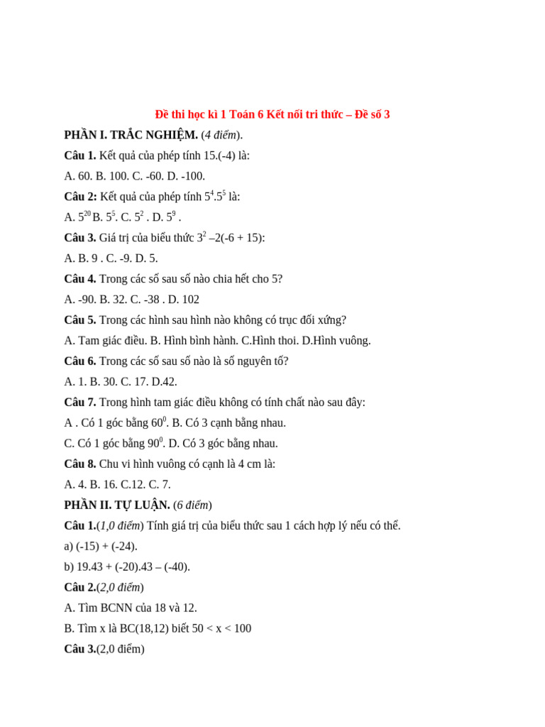 De Thi hk1 Toan 6 3 | PDF