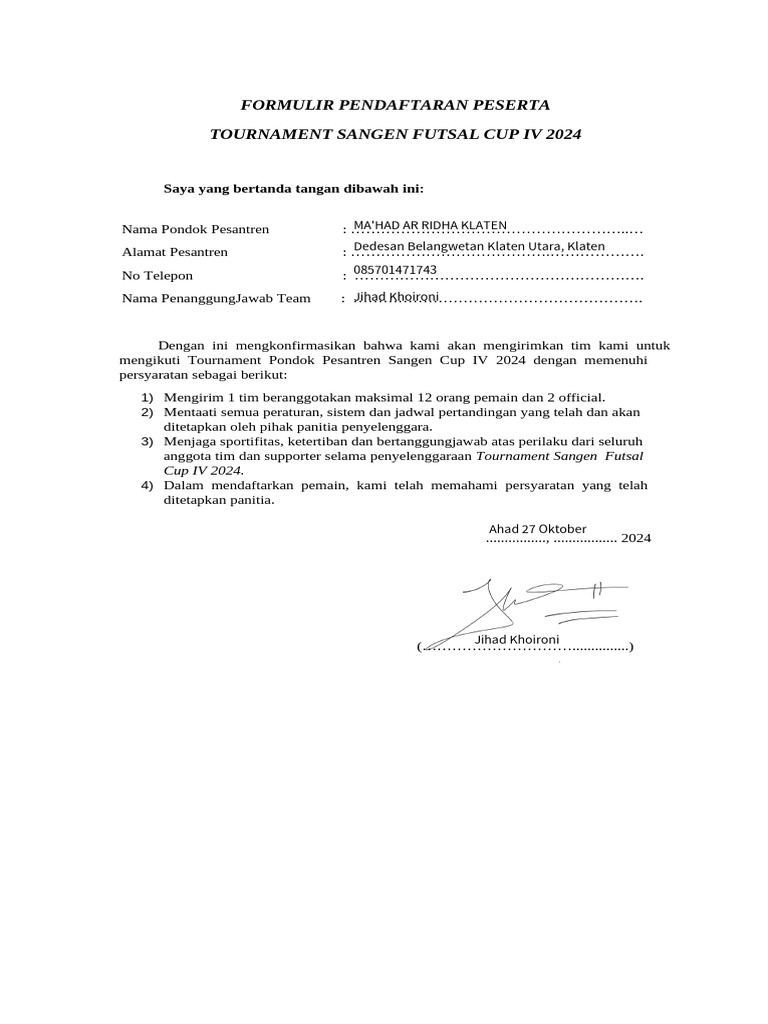 Formulir Pendaftaran TSF AR-RIDHA | PDF