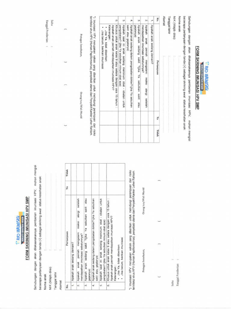 FORM SKRINING HPV SMP | PDF