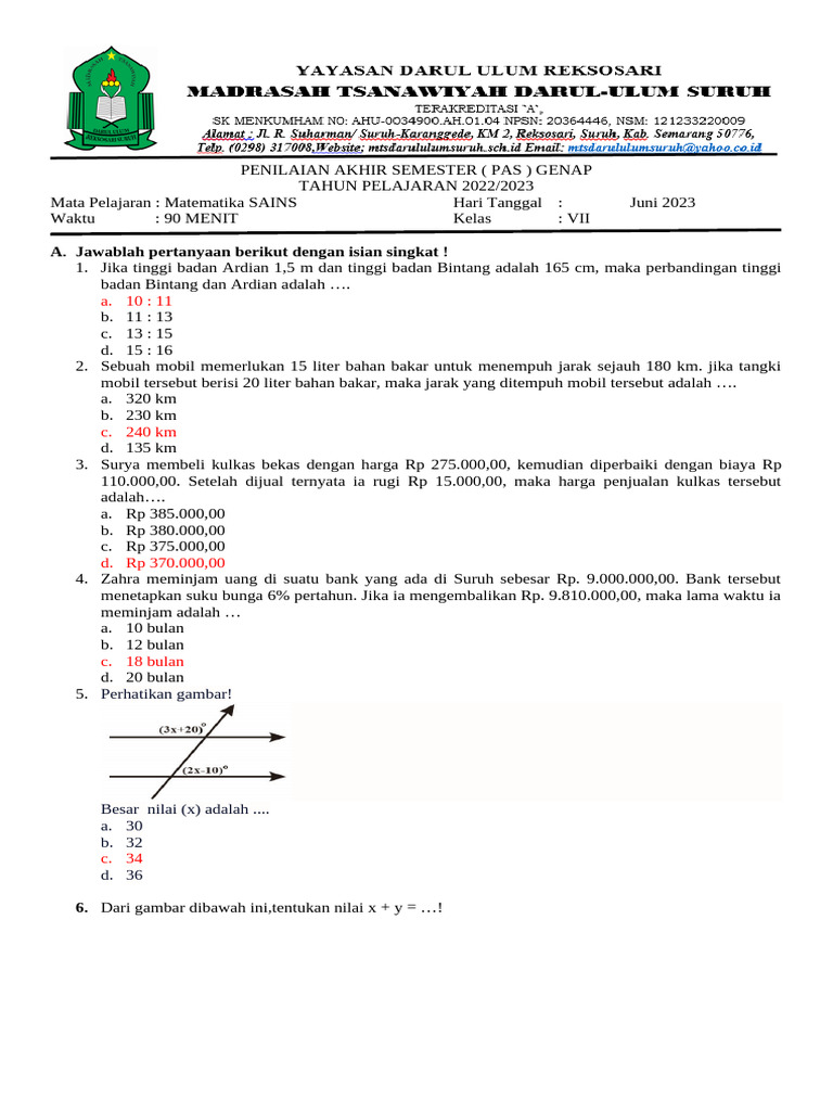 SOAL PAS Sains Matematika Kelas 7A Genap 2023 | PDF