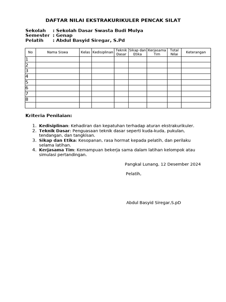daftar nilai ekskul | PDF