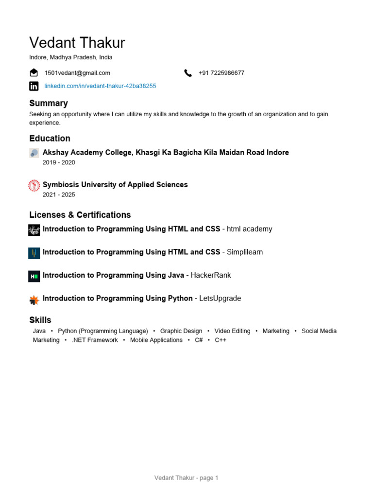 Resume Vedant Thakur | PDF