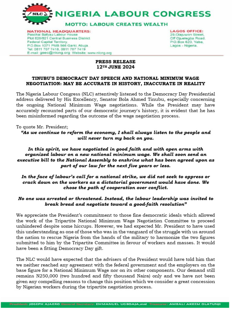 NLC BAT 2024 DEMOCRACY DAY SPEECH.docx | PDF | Nigeria | Government