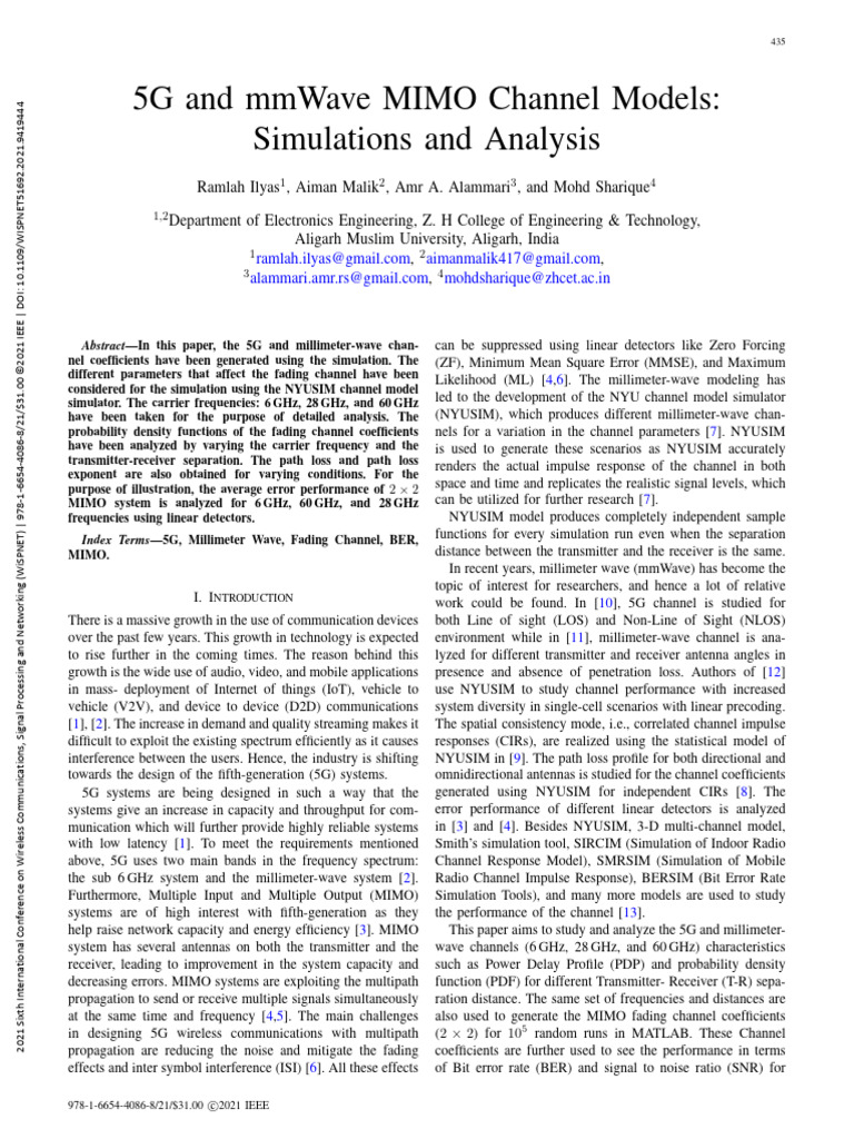 5G and MmWave MIMO Channel Models Simulations and Analysis | PDF | Mimo | Extremely High Frequency