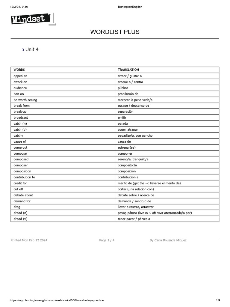 Wordlist Unit 4 | PDF