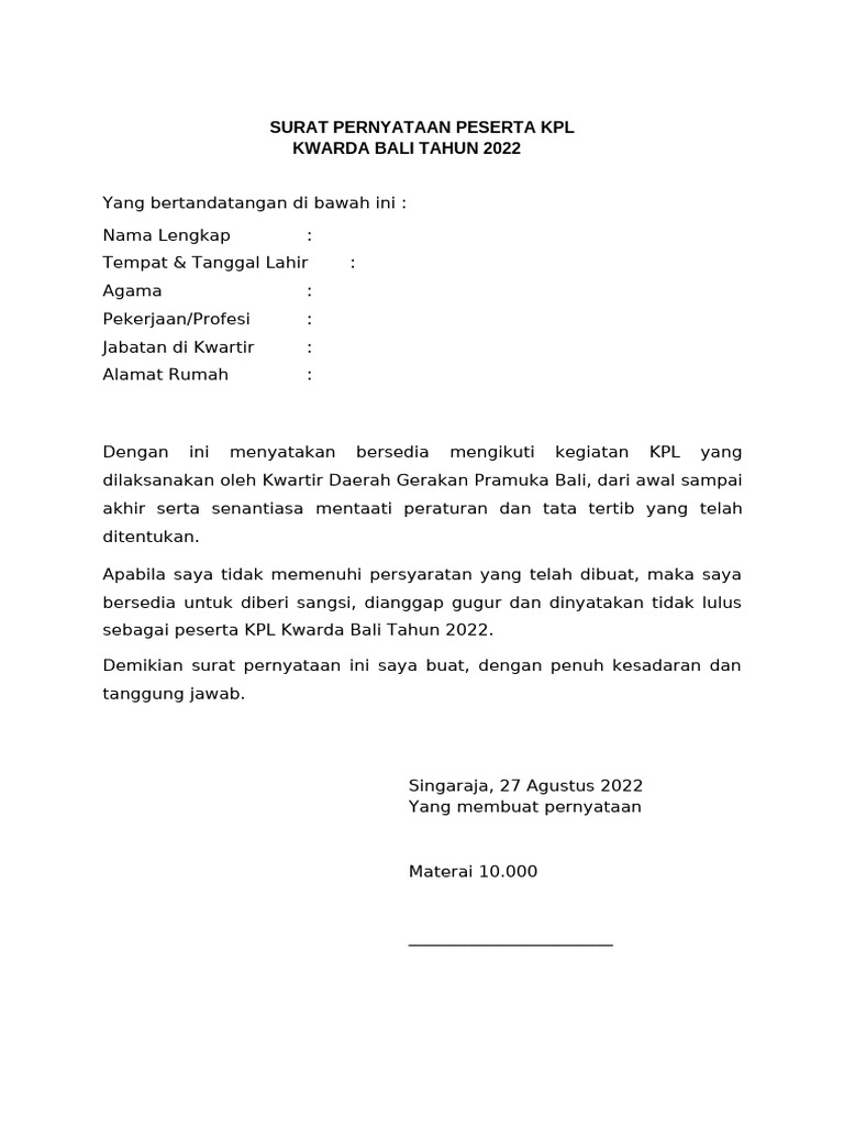 Surat Kesediaan KPL Bali (KOSONG) | PDF