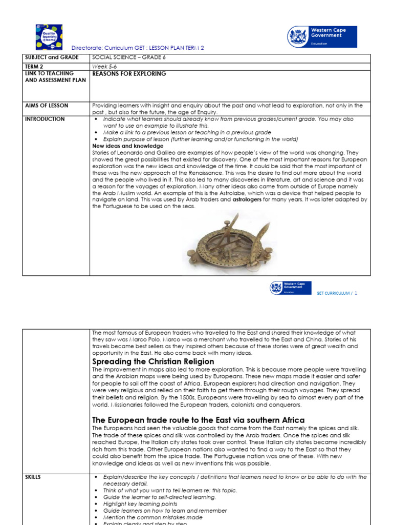 Lesson Plan GR 6 SS History T2 W5-6 | PDF | Learning | Curriculum