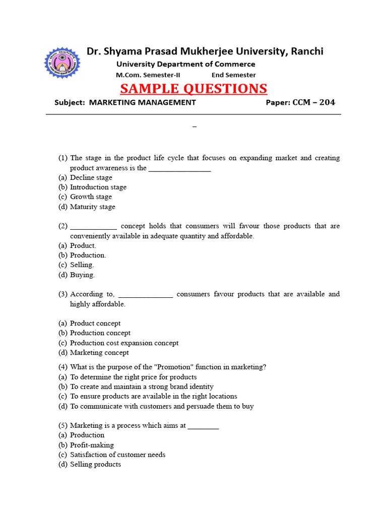 Sample Questions Marketing Management | PDF | Marketing | Pricing