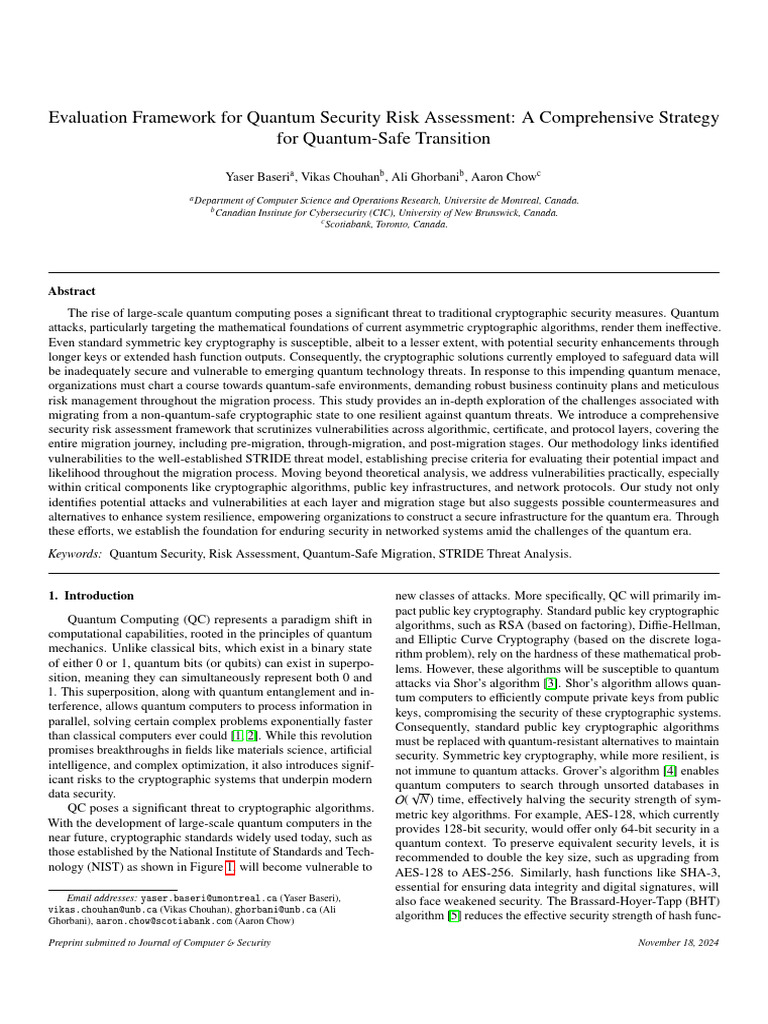 Evaluation Framework For Quantum Security Risk Assessment: A Comprehensive Strategy For Quantum ...