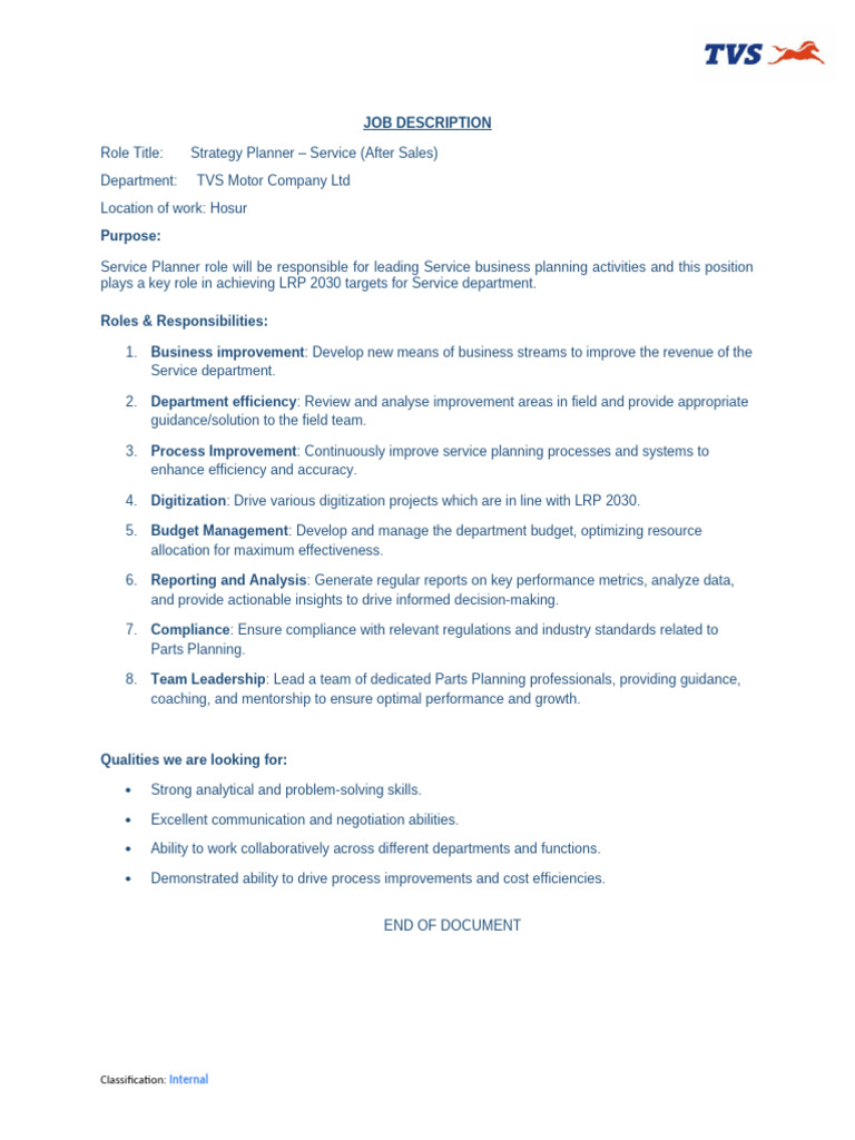 Strategic Planner - 2W Service Department | PDF