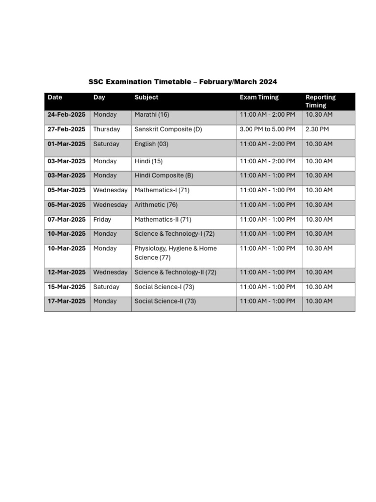 SSC Timetable | PDF