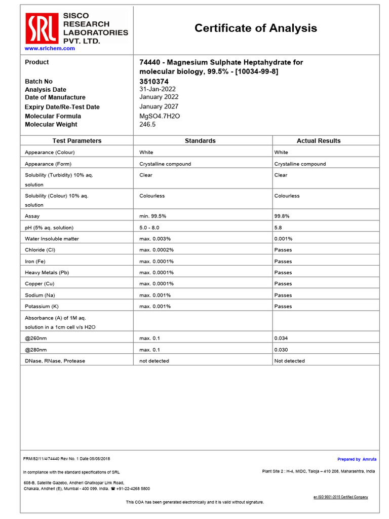 Magnesium Sulphate Heptahydrate COA | PDF | Chemical Substances ...