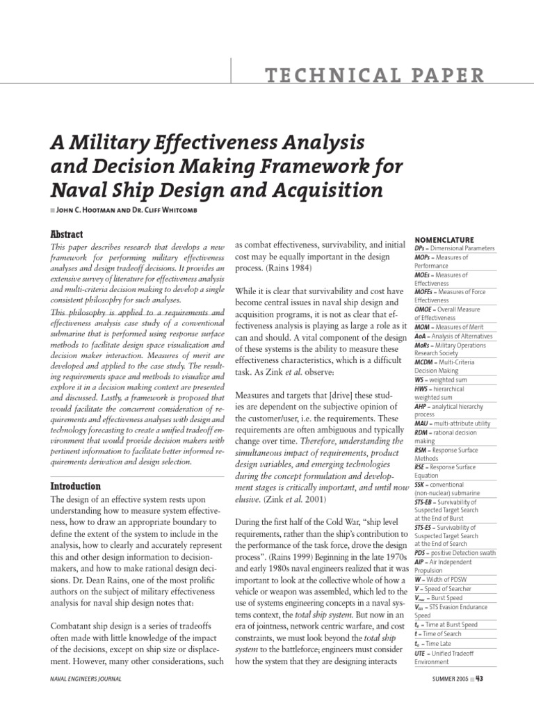 A Military Effectiveness Analysis and Decision Making Framework for Naval Ship Design and ...