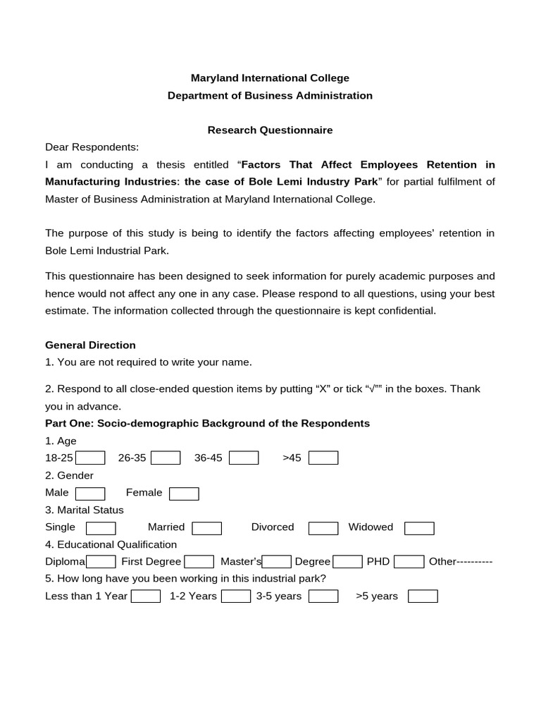 Questionnaire | PDF | Employee Retention | Employment