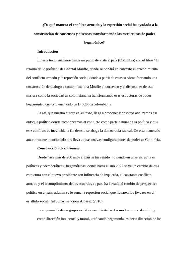 Reflexion de Mouffe y Colombia | PDF | Hegemonía | Paz