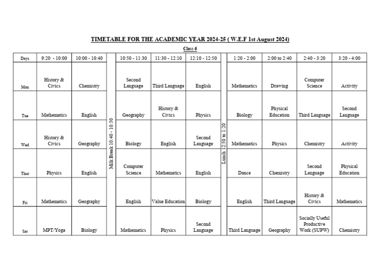 Class 6 Nine Period Timetable 2024-25 | PDF | Natural Sciences | Inquiry