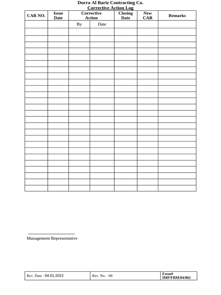 Corrective Action Log for Durra Al Bariz | PDF