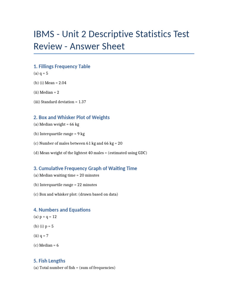 Descriptive Statistics Test Review Answer Sheet | PDF | Median ...