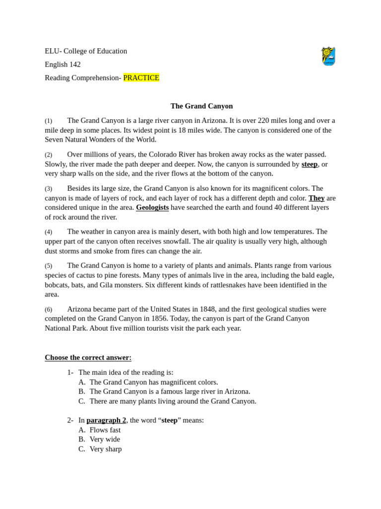 The Grand Canyon - Reading Comprehension Practice 1 | PDF | Grand ...