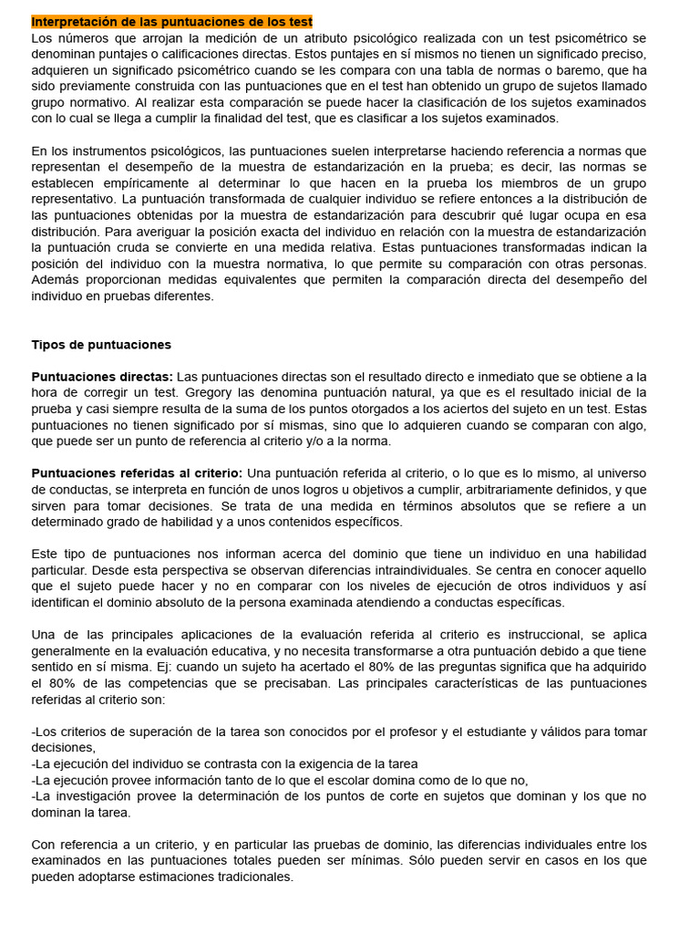 Interpretación de Puntuaciones en Tests Psicométricos | PDF ...