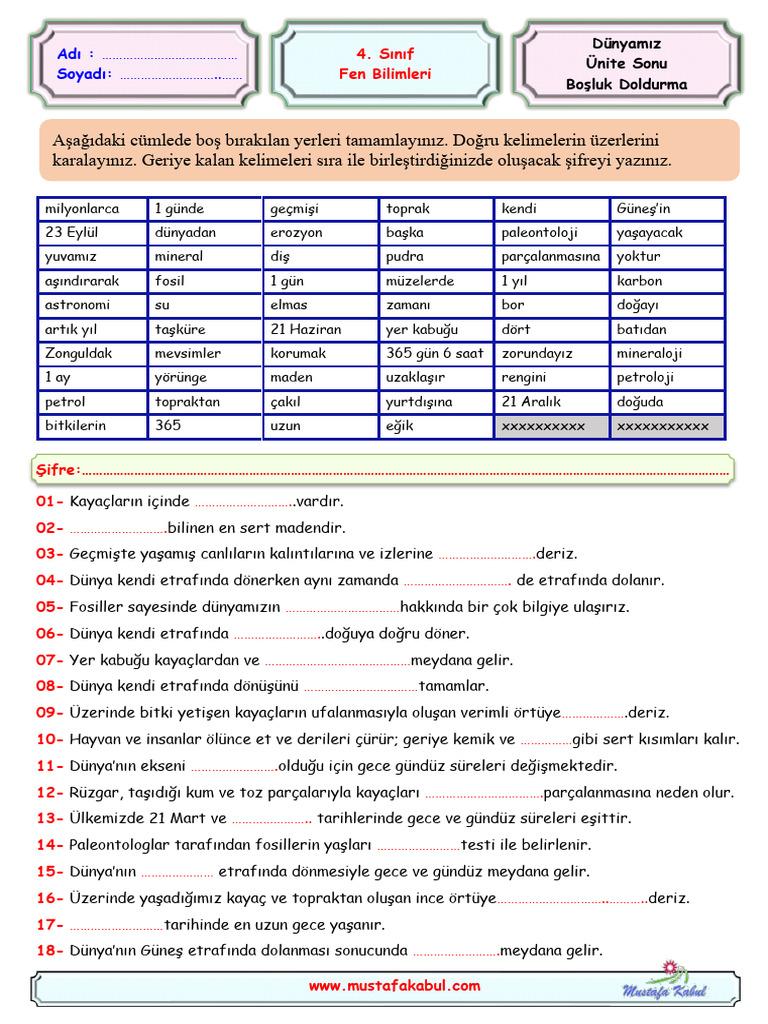 4-Fen Bilimleri-Dünyamız-Boşluk Doldurma-1 | PDF