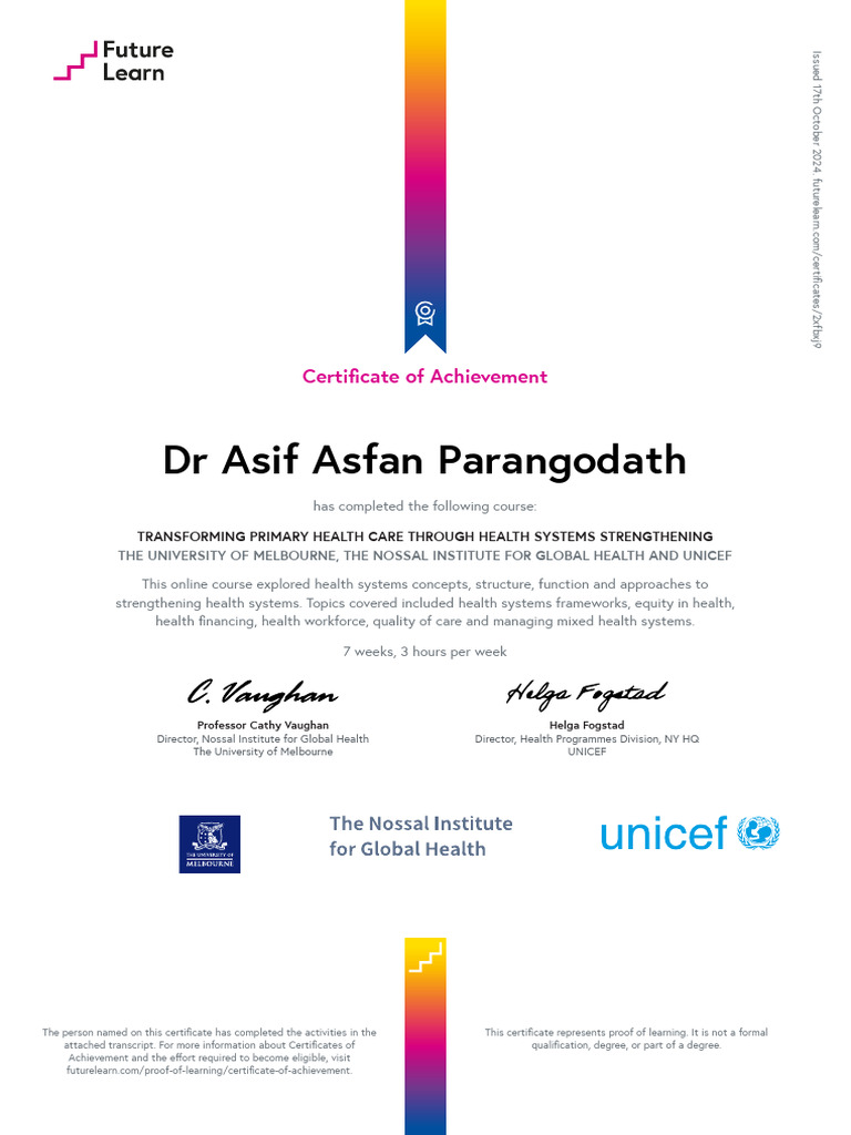 DR Asif Asfan Parangodath: Certificate of Achievement | PDF