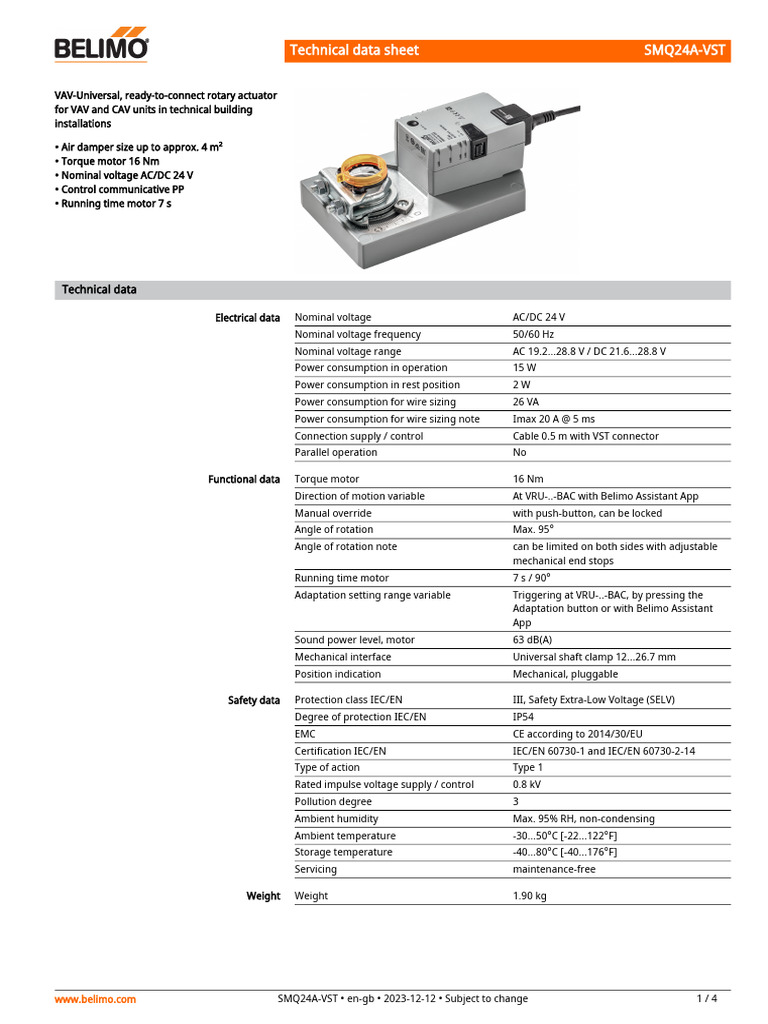Belimo SMQ24A-VST Datasheet En-gb | PDF | Electrical Connector | Electric Power