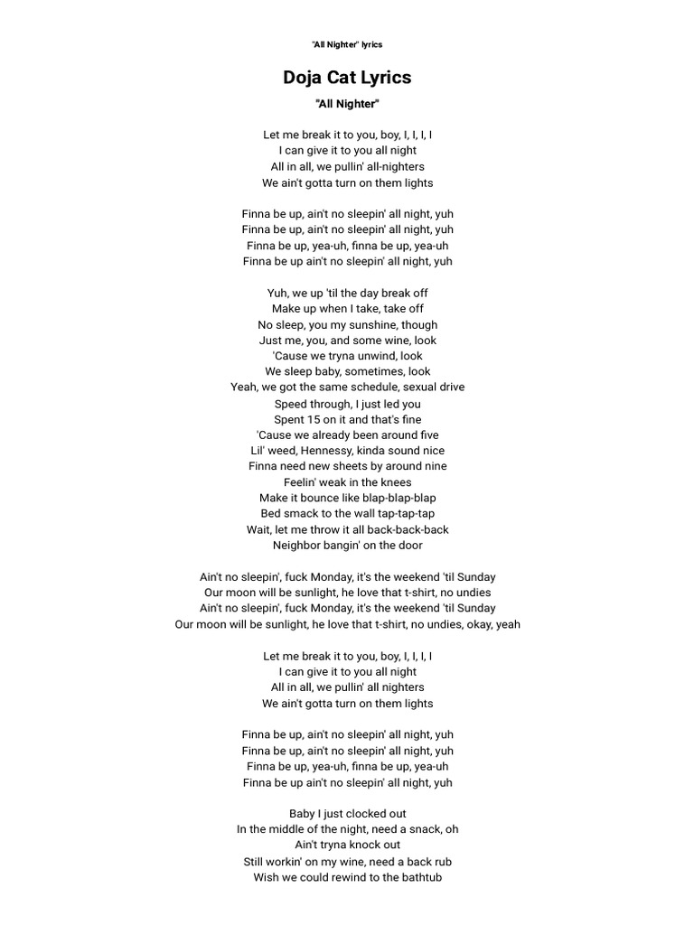 Doja Cat's "All Nighter" Lyrics | PDF
