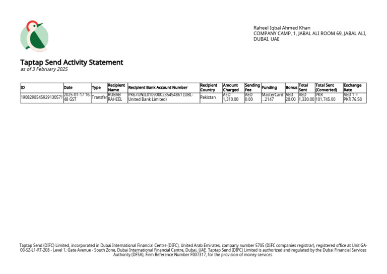 Taptap Send Activity Statement | PDF
