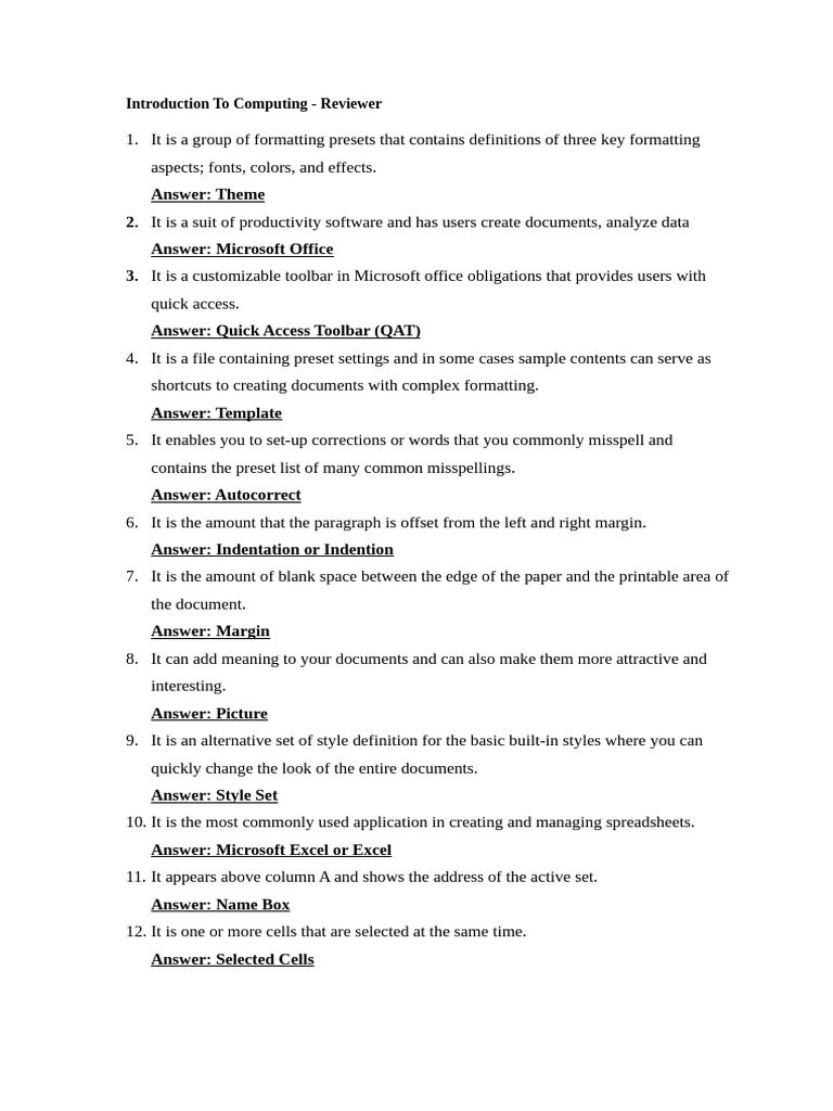 Computing Basics Review Guide | PDF | Microsoft Excel | Computing