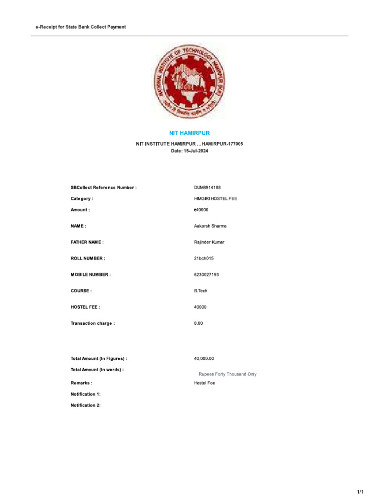 Hostel Fee 7th | PDF