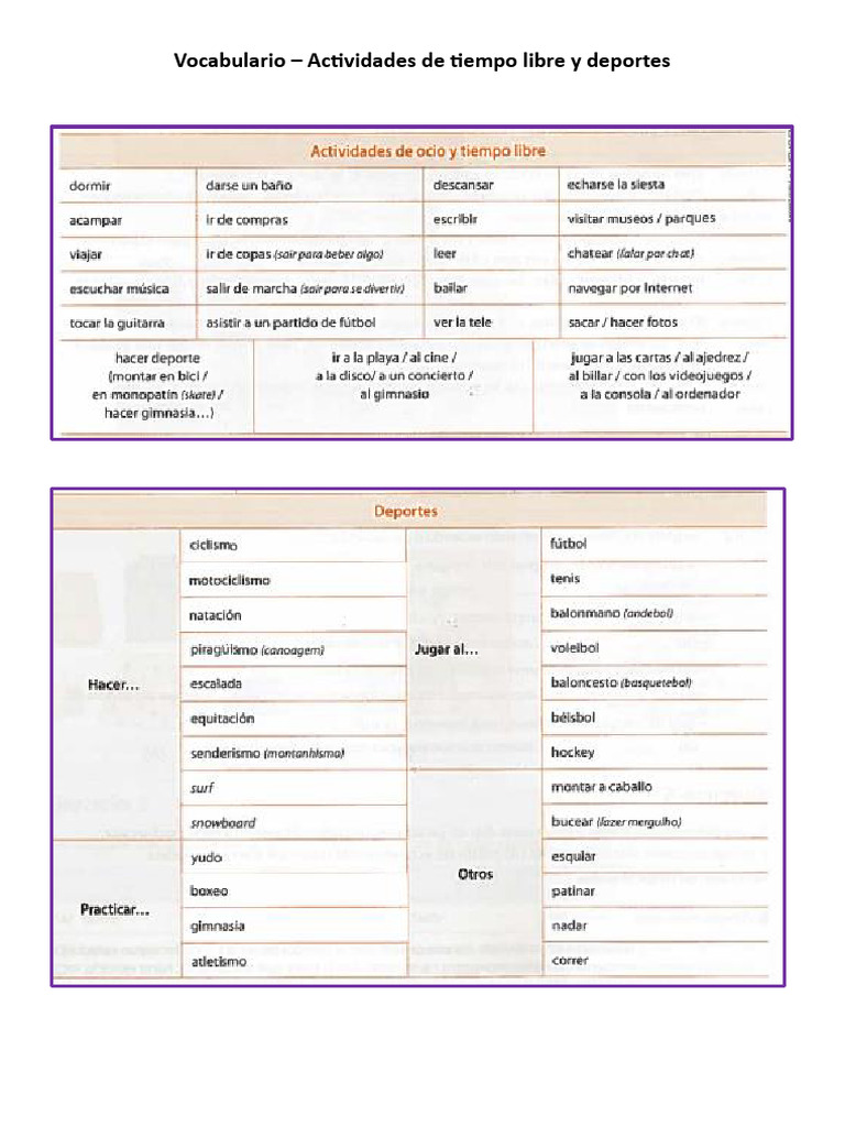 Vocabulario - Tiempo Libre y Deportes | PDF