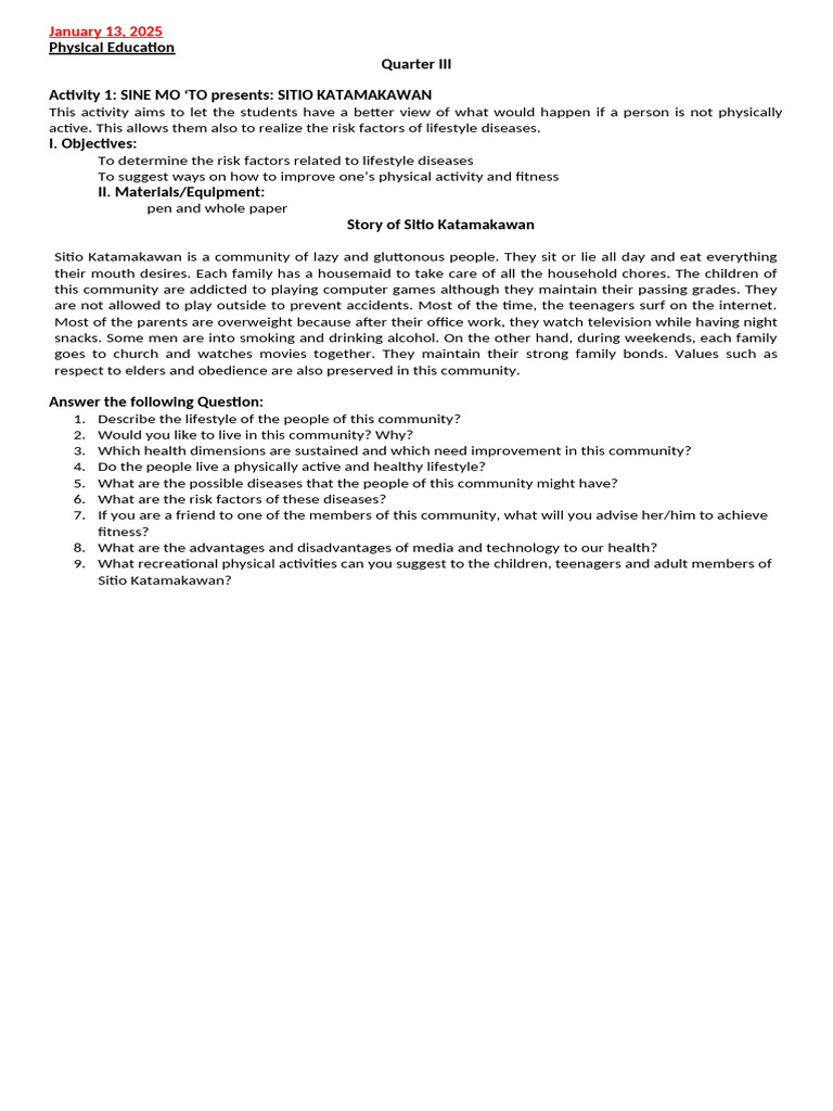 Modular Lesson and Activity Jan 13 Physical Education 2025 | PDF