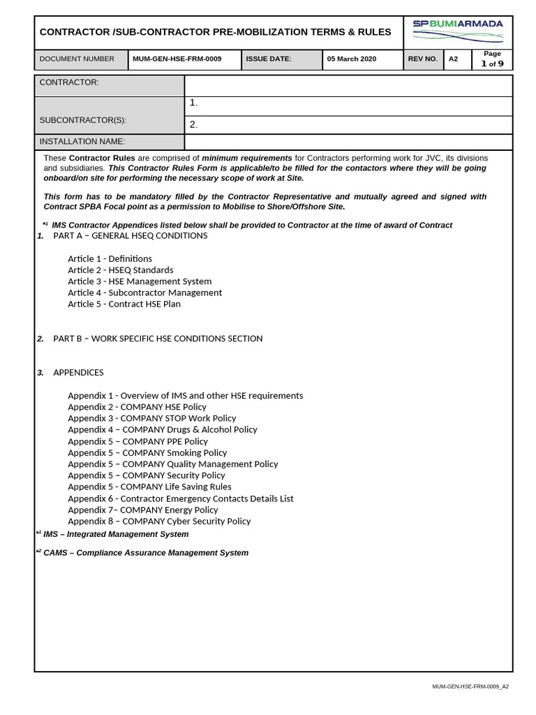 Contractor Pre-Mobilization Rules & Terms | PDF | Breach Of Contract ...
