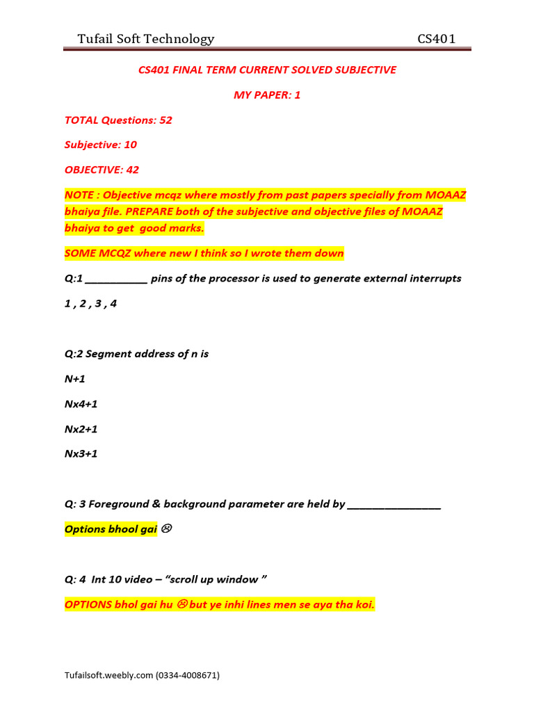 Cs401 Final Term Current Subjective 5 Papers Solved by Well Wisher | PDF | Assembly Language ...