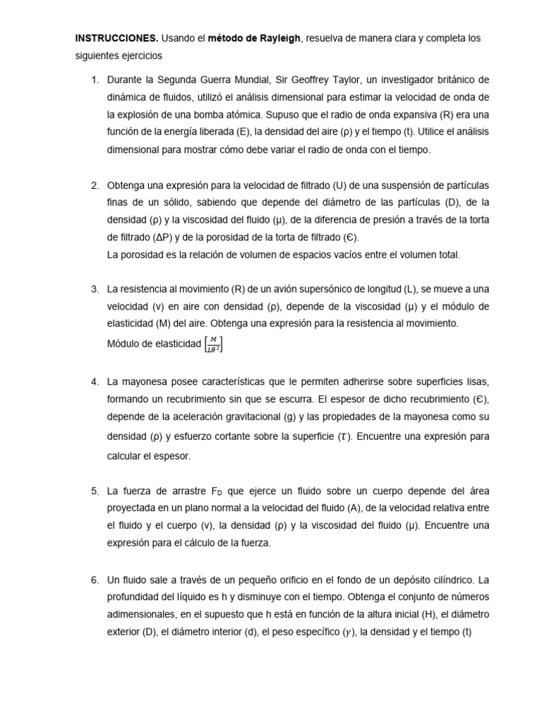 Ejercicios Método Rayleigh | PDF | Filtración | Arrastrar (Física)