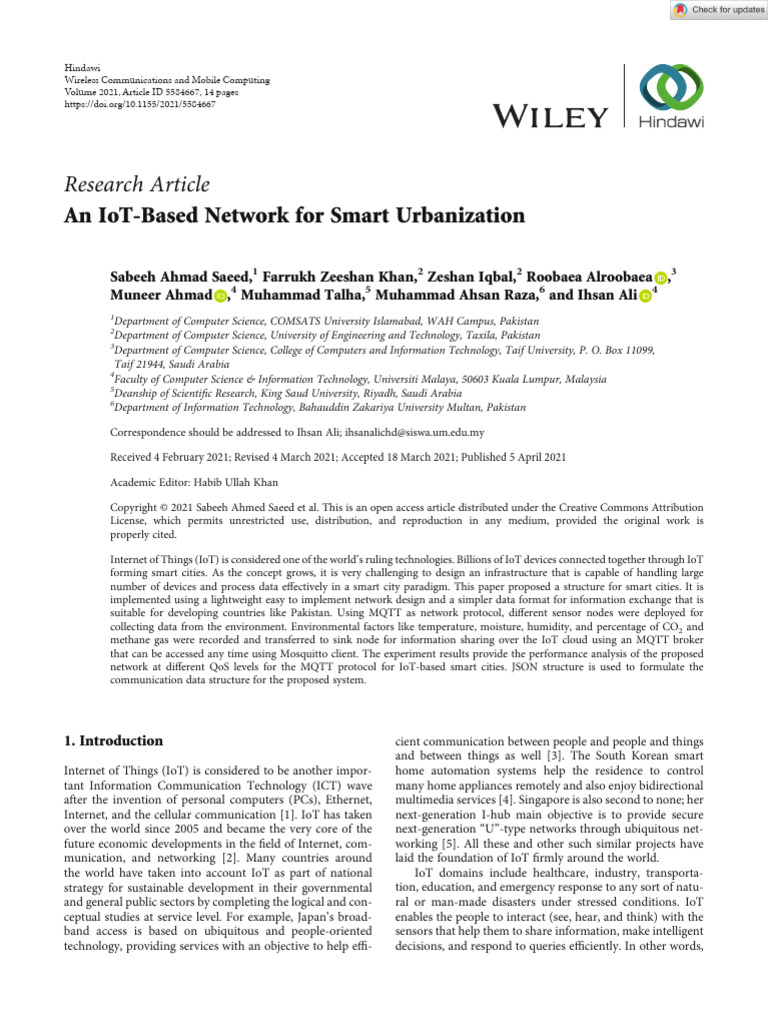 Wireless Communications and Mobile Computing - 2021 - Saeed - An IoT‐Based Network for Smart ...