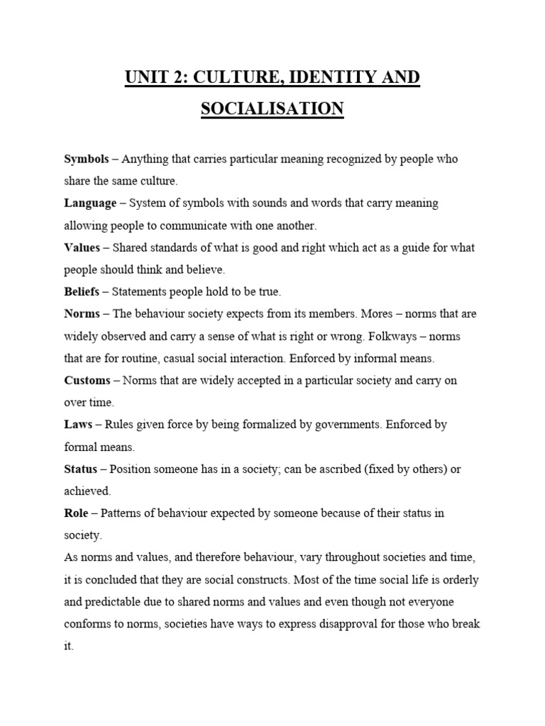 UNIT 2 CULTURE, IDENTITY AND SOCIALISATION | PDF | Socialization | Gender