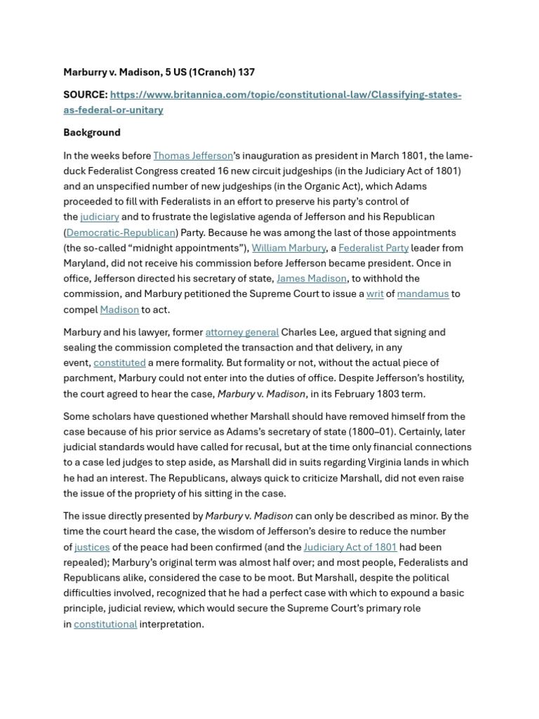 Marbury v. Madison: Judicial Review Explained | PDF | Marbury V ...