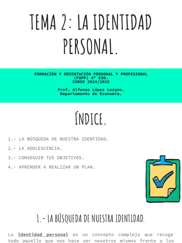 Tema 2 Fopp - La Identidad Personal | PDF | Pensamiento | Aprendizaje